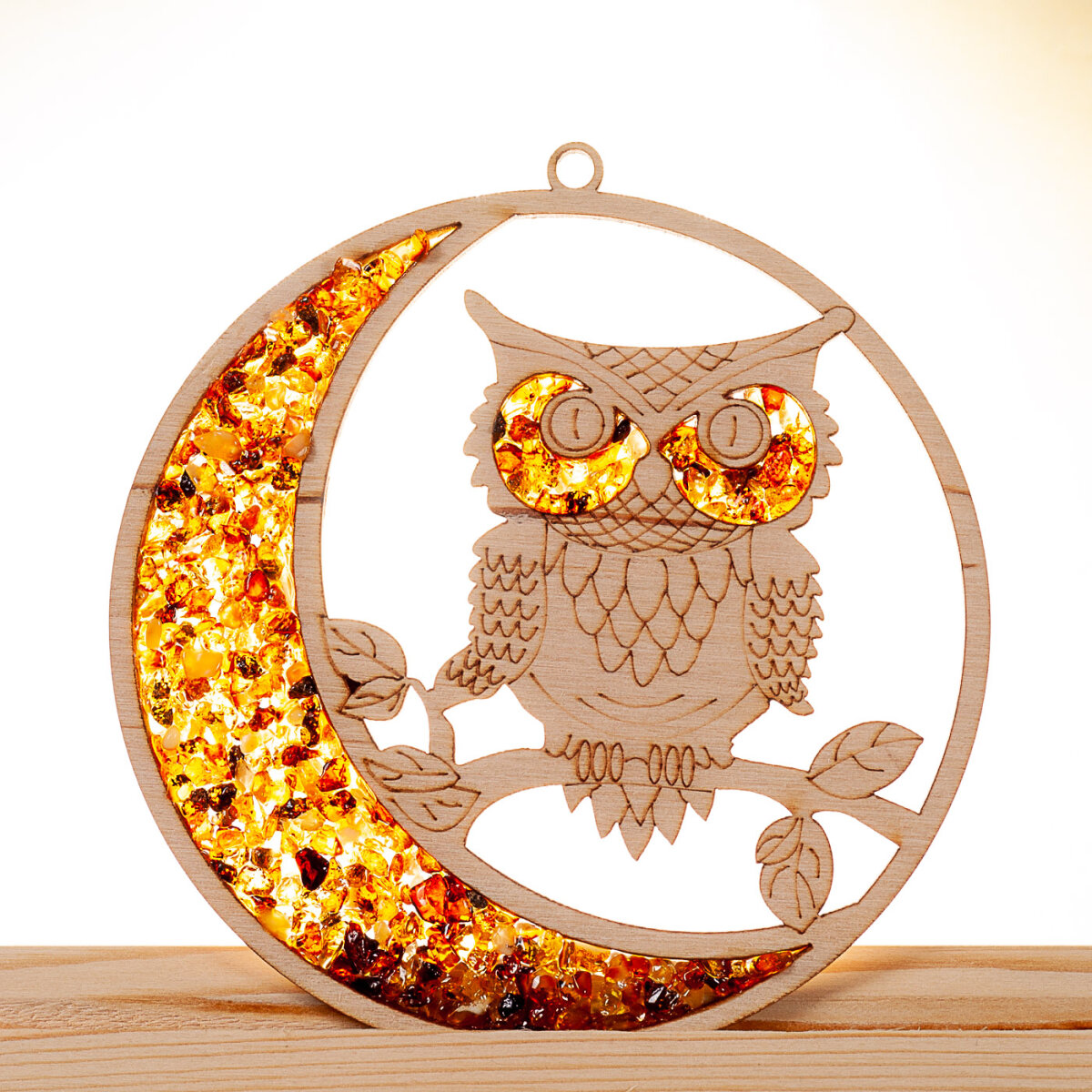 Fensterbild Ø 11 "Eule/Mond", Bernstein/Birke