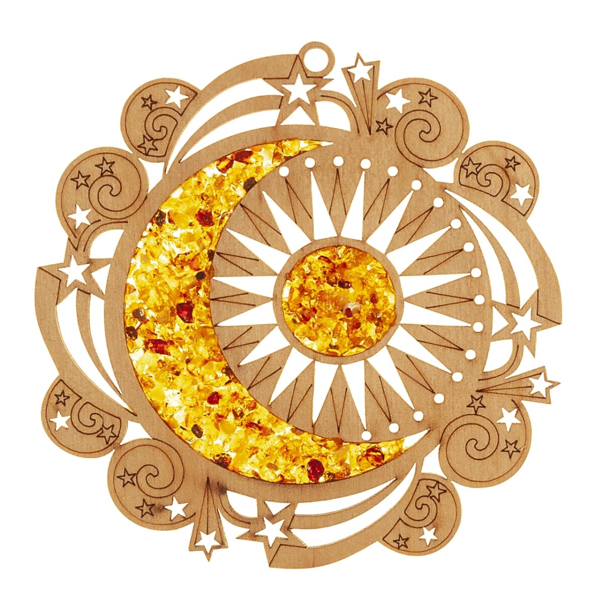 Fensterbild Ø 11 "Mond, Sonne & Sterne", Bernstein/Birke